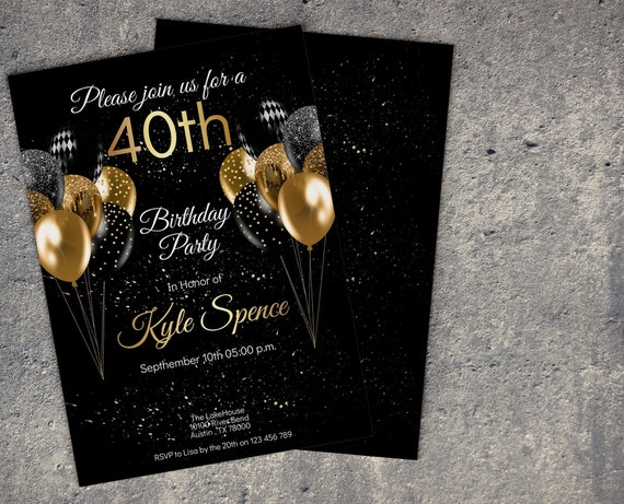 Mens Party Invitation Digital Download Black and Gold - Etsy