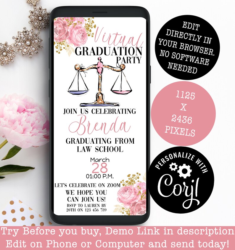 Social Distancing Virtual Law Graduation Party Mobile Invitation ...