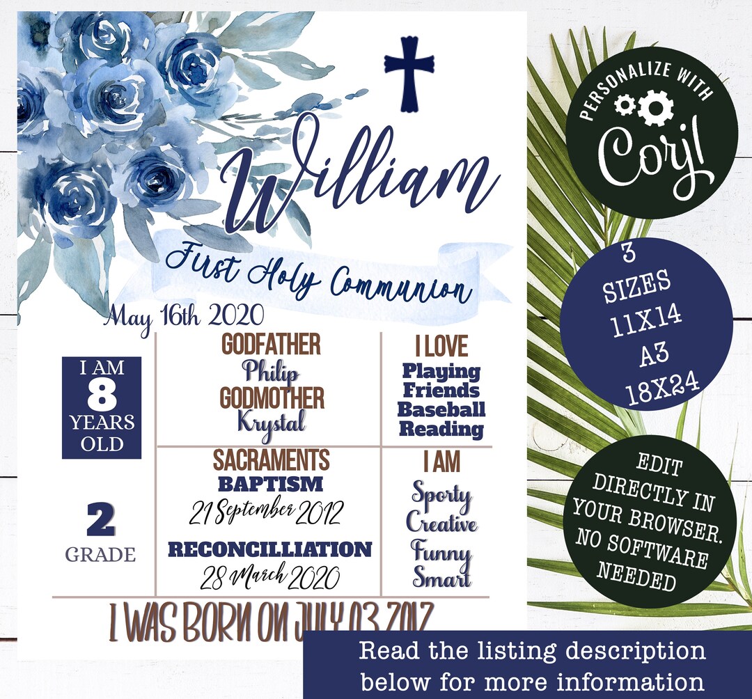 First Holy Communion Sign, Editable First Communion Poster, Blue Boy ...