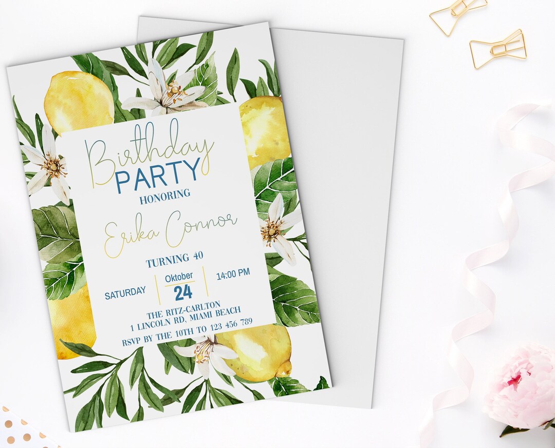 Lemon Birthday Party Invitation, Mediterranean Theme Lemon Birthday ...
