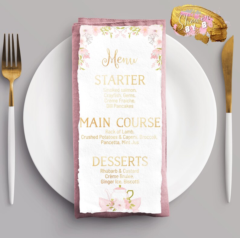 Tea Party Menu Template Printable Menu Card Pink Floral - Etsy