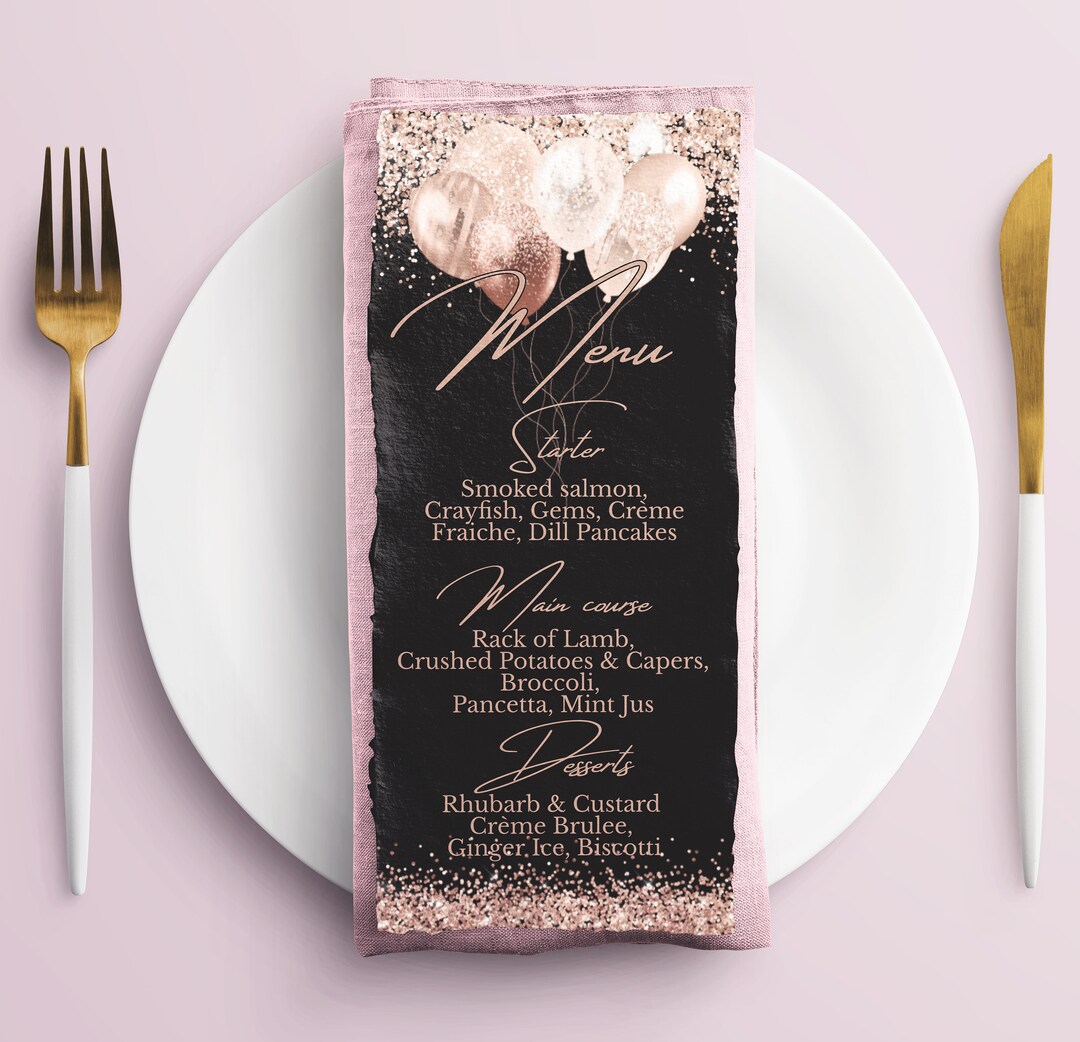 Rose Gold Glitter Menu Template, Printable Menu Card, Elegant Rose Gold ...