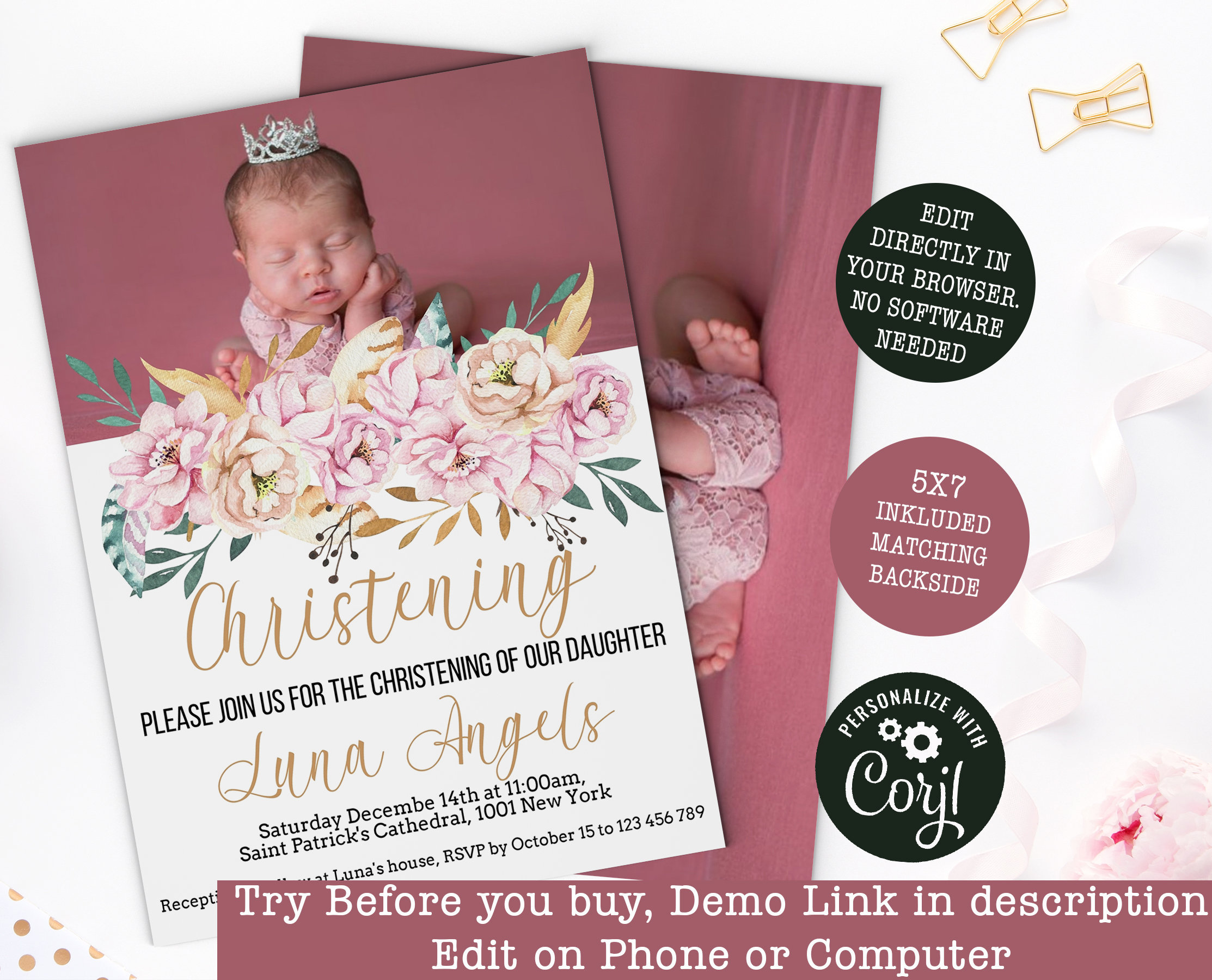 Editable Christening Invitation Girl Christening Invitation - Etsy