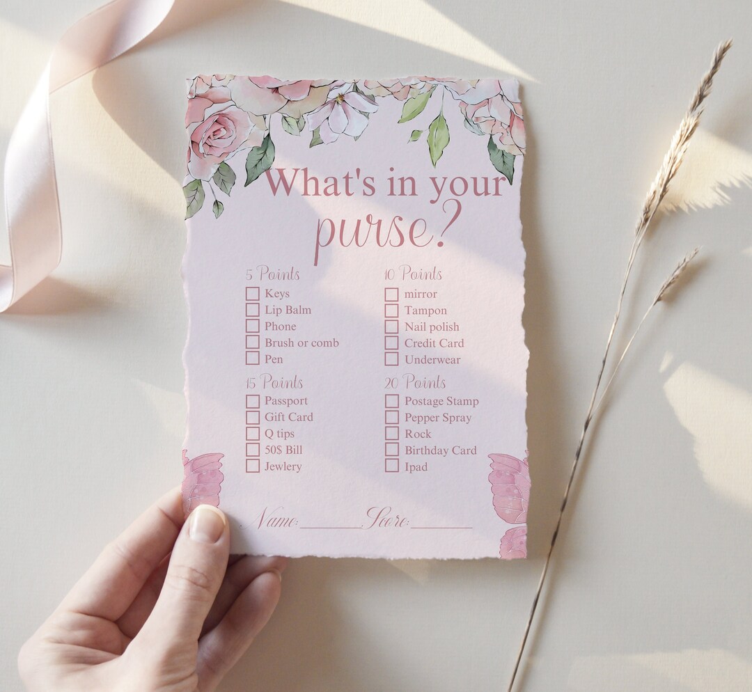 Fairy Floral Baby Shower Game What's in Your Purse, Pink Floral Baby ...