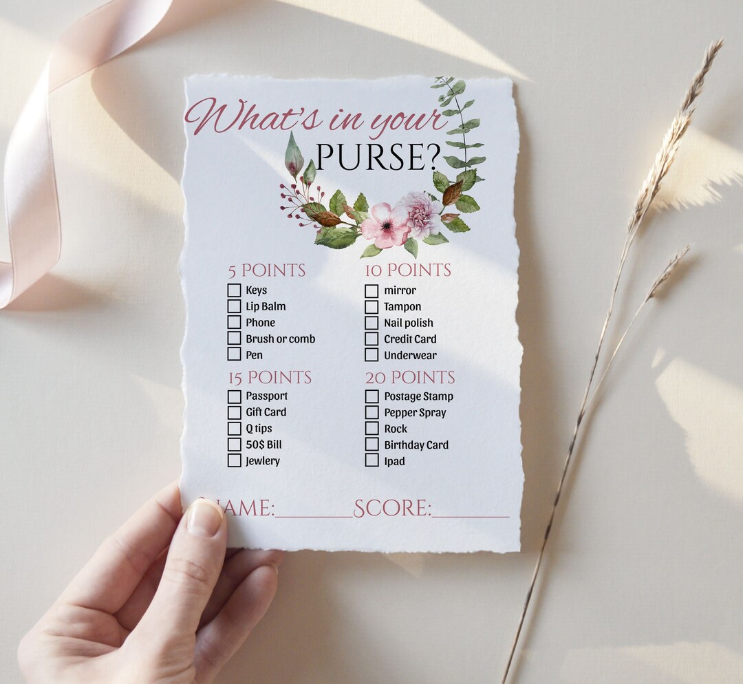 Blush Floral Baby Shower Game What's in Your Purse, Pink Floral Baby ...
