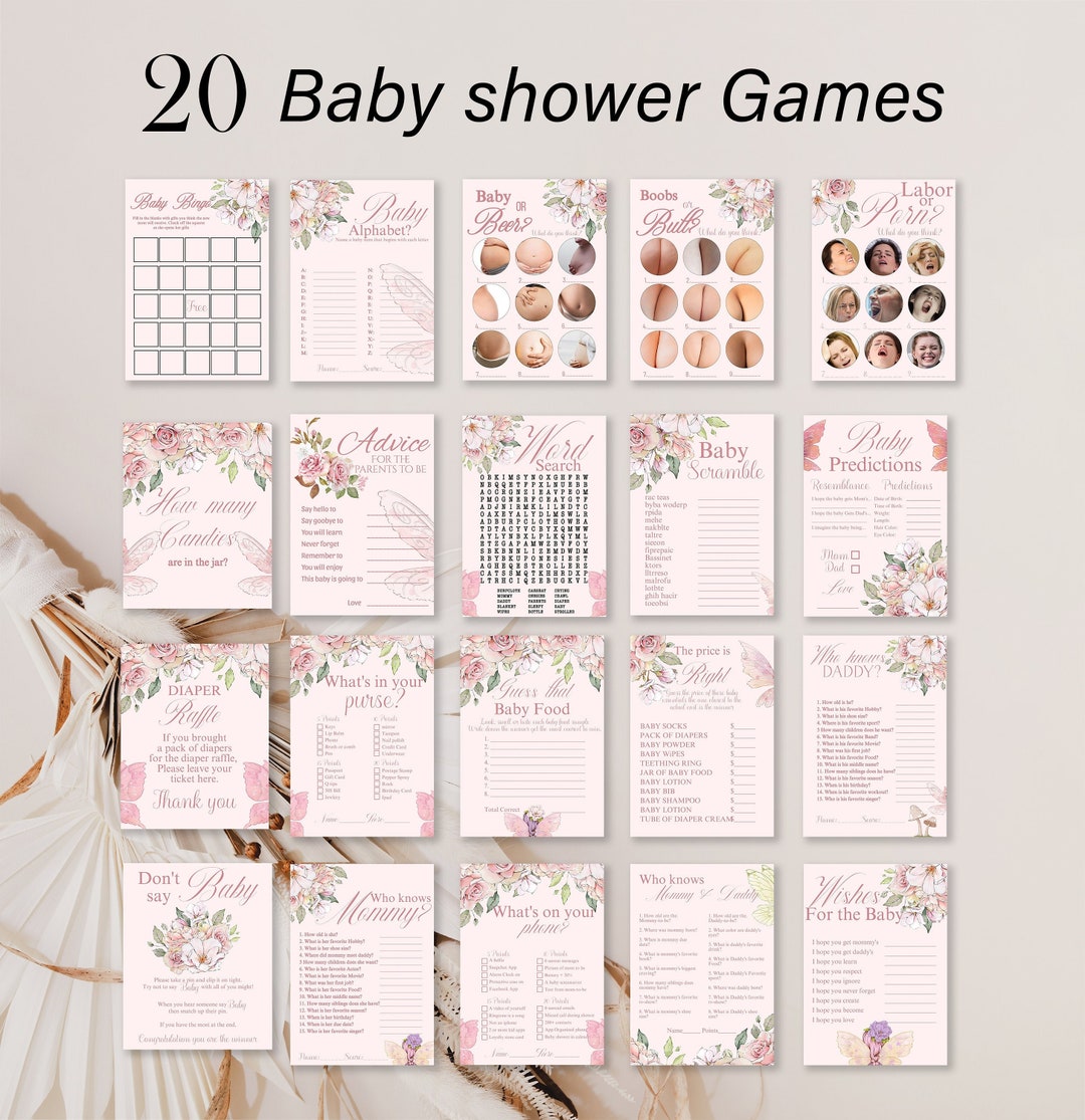 20 Pink Fairy Flower Baby Shower Game Bundle, Pink Floral Baby Shower ...