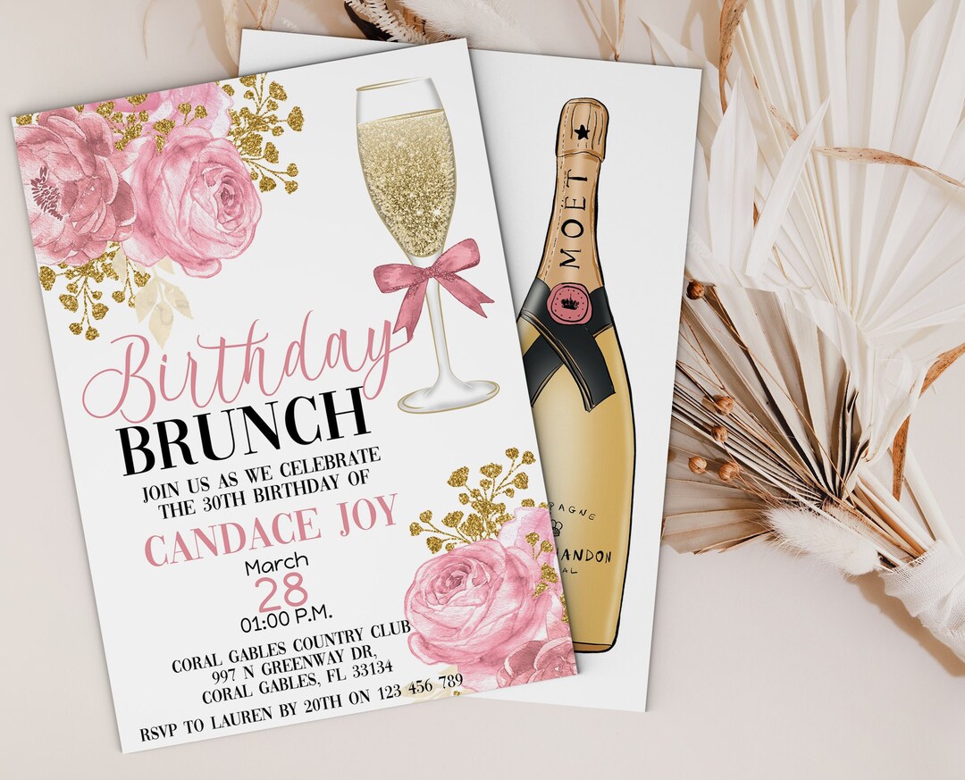 Champagne Brunch Birthday Invitation Template, Floral Design (digital ...