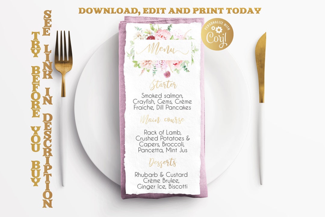 Floral Menu Template, Printable Menu Card, Pink Floral Menu, Menu for ...