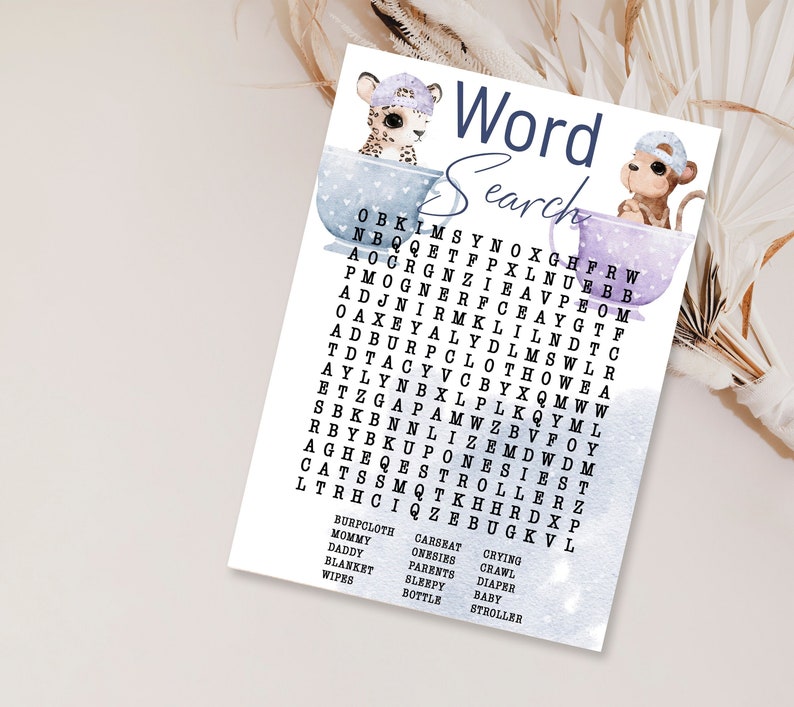 Safari Animals Baby Shower Game Word Search Blue Kids Animals - Etsy