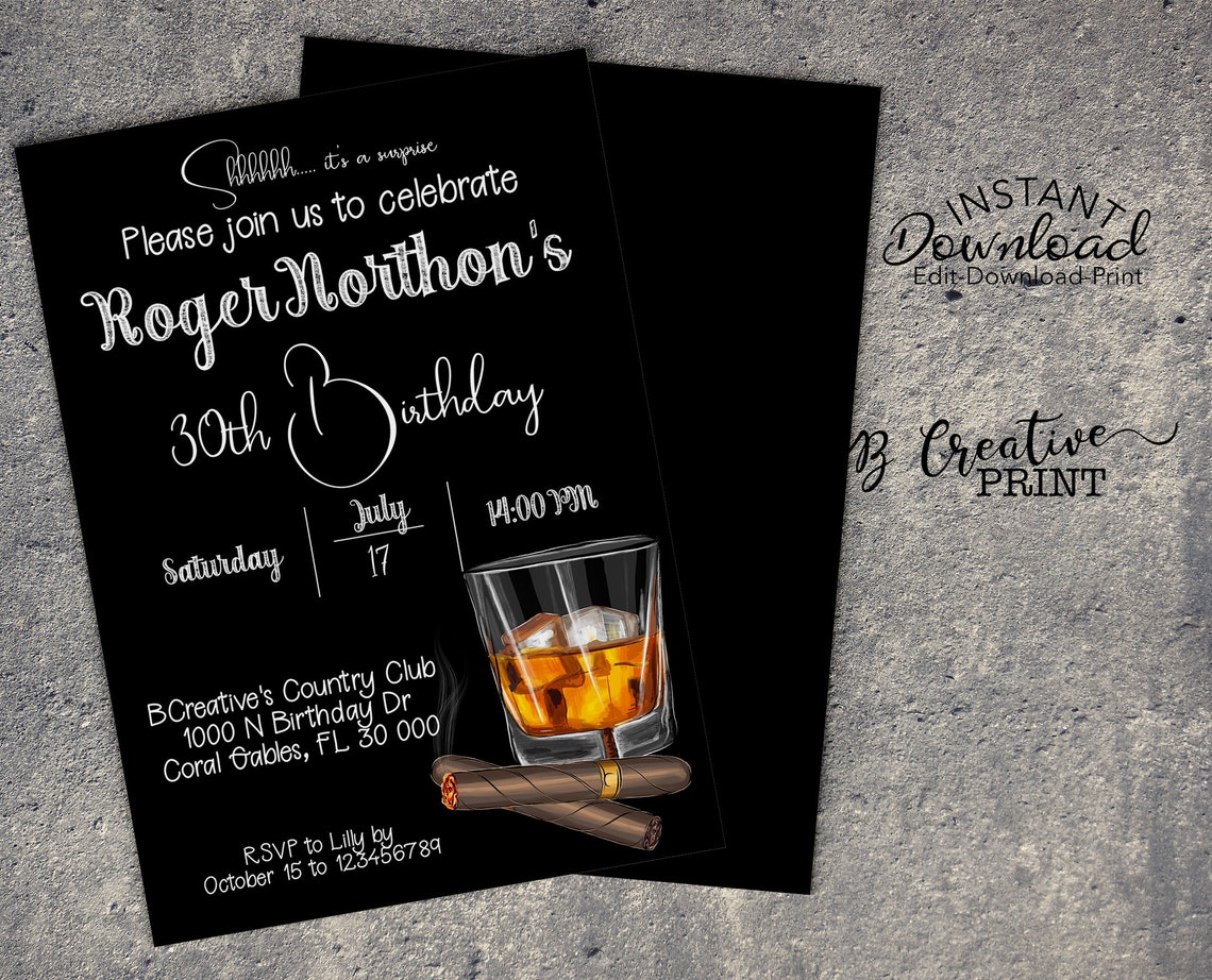 Surprise Party Invitation Digital Download Cigar Bar Whiskey - Etsy