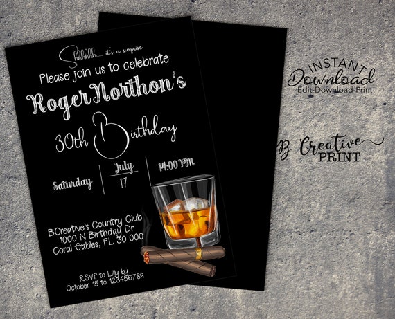 Surprise Party Invitation Digital Download Cigar Bar Whiskey - Etsy