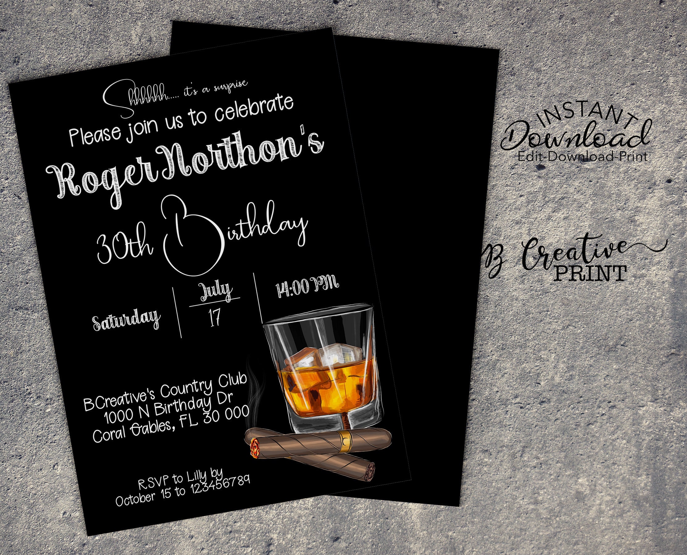 Surprise Party Invitation Digital Download Cigar Bar Whiskey Etsy