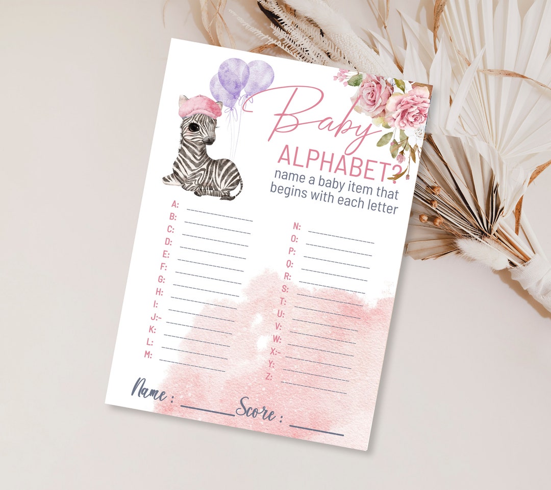 Safari Animals Floral Baby Shower Game Baby Alphabet, Pink Kids Animals ...