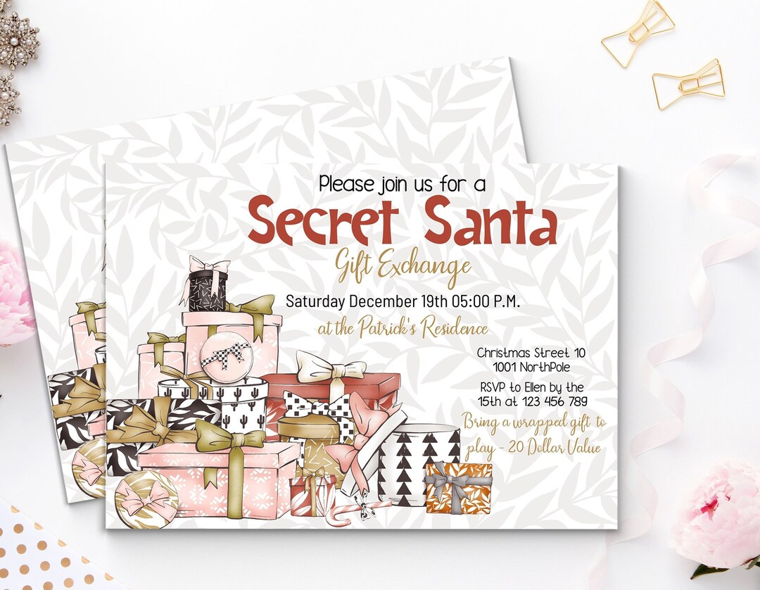 Secret Santa Christmas Party Invitation, Holiday Christmas Party ...