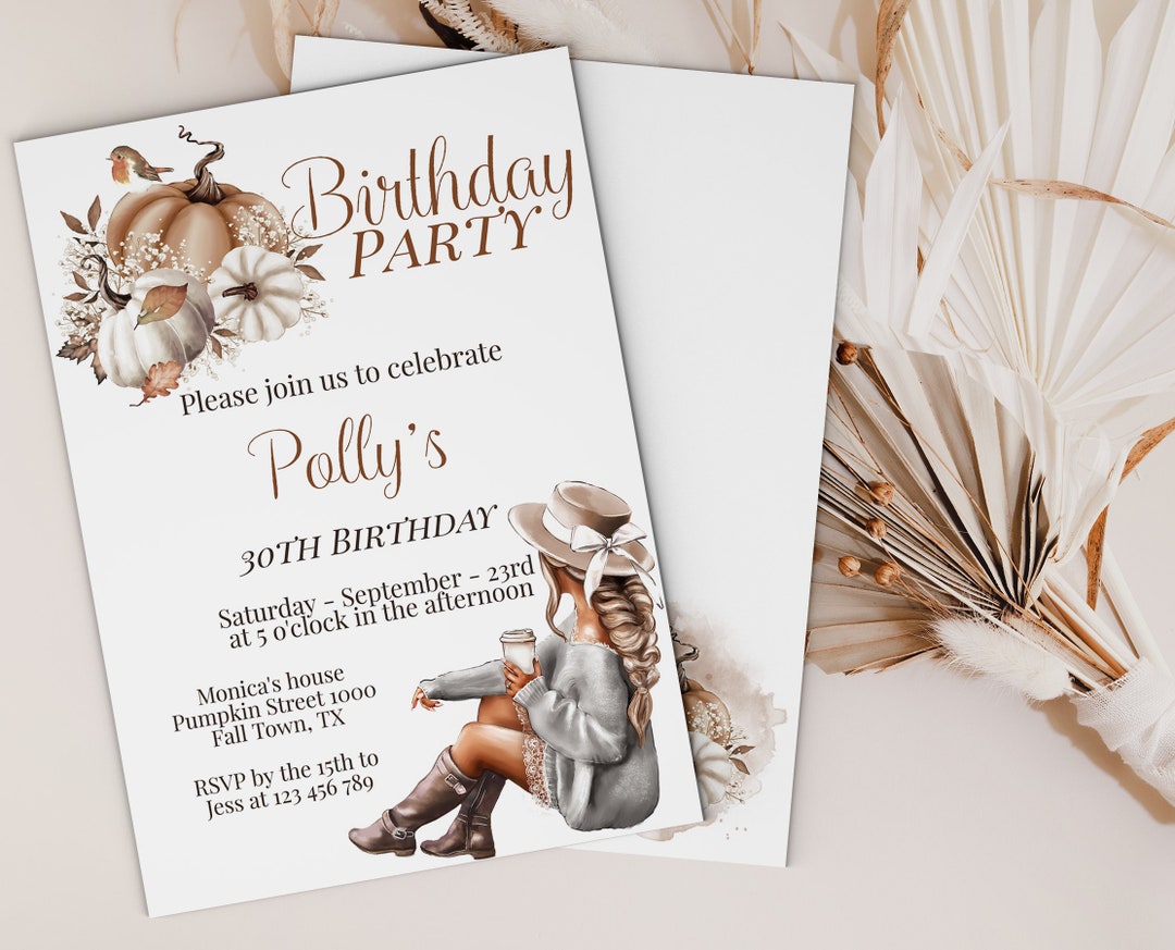 Fall Birthday Party Invitation, Women Birthday Invite, Automn Birthday ...