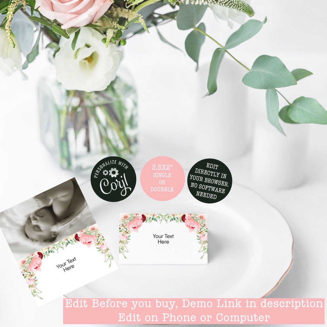 Christening Place Card Template Flat or Folded, Pink Floral Christening ...