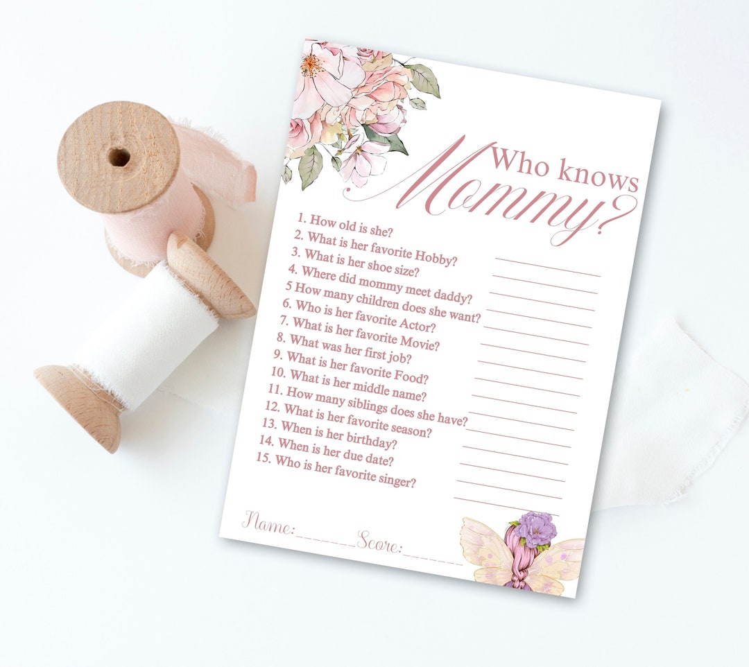 Fairy Floral Baby Shower Game Who Knows Mommy, Pink Floral Baby Shower ...