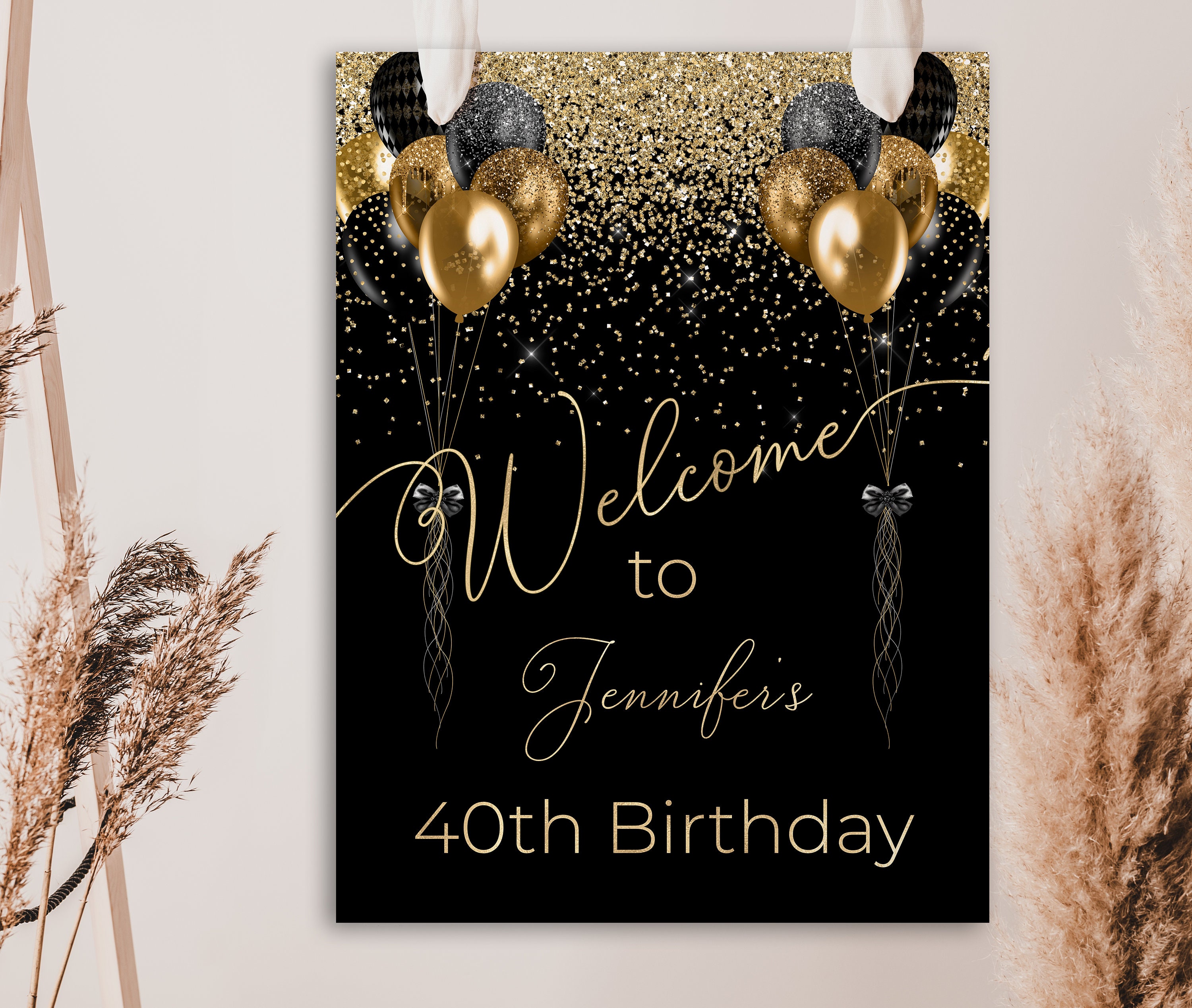 Black and Gold Birthday Welcome Sign Gold Balloon Birthday - Etsy