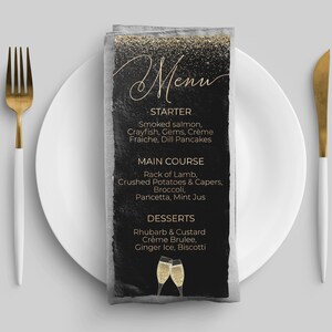 Black & Gold Glitter Menu Template | Printable Menu Card | Elegant Gold ...