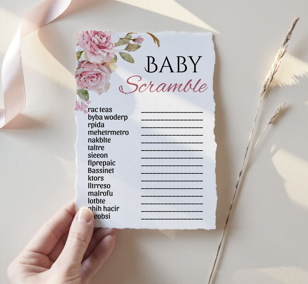 Blush Floral Baby Shower Game Word Scramble?, Pink Floral Baby Shower ...