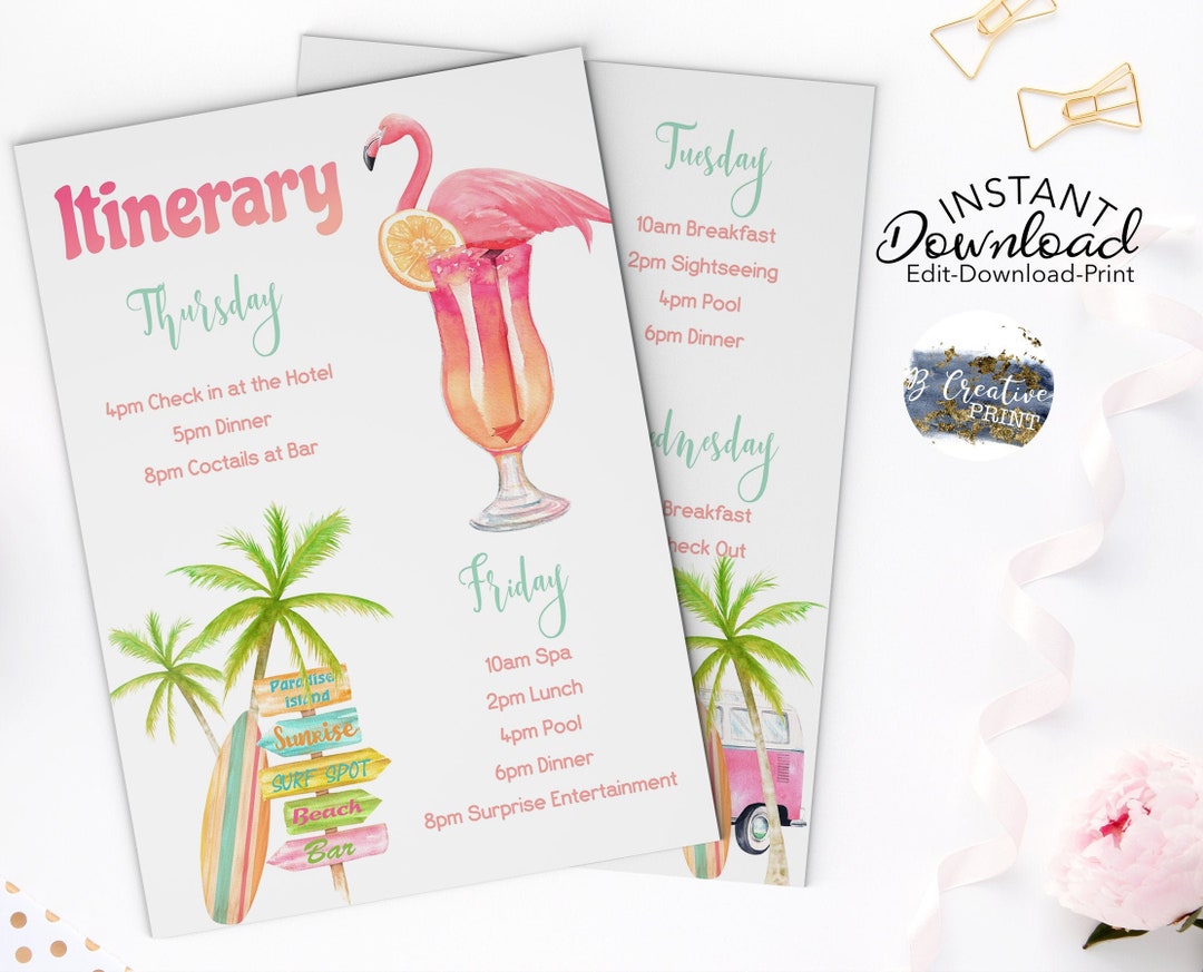 Tropical Weekend Itinerary Template, Schedule, Flamingo Agenda for ...