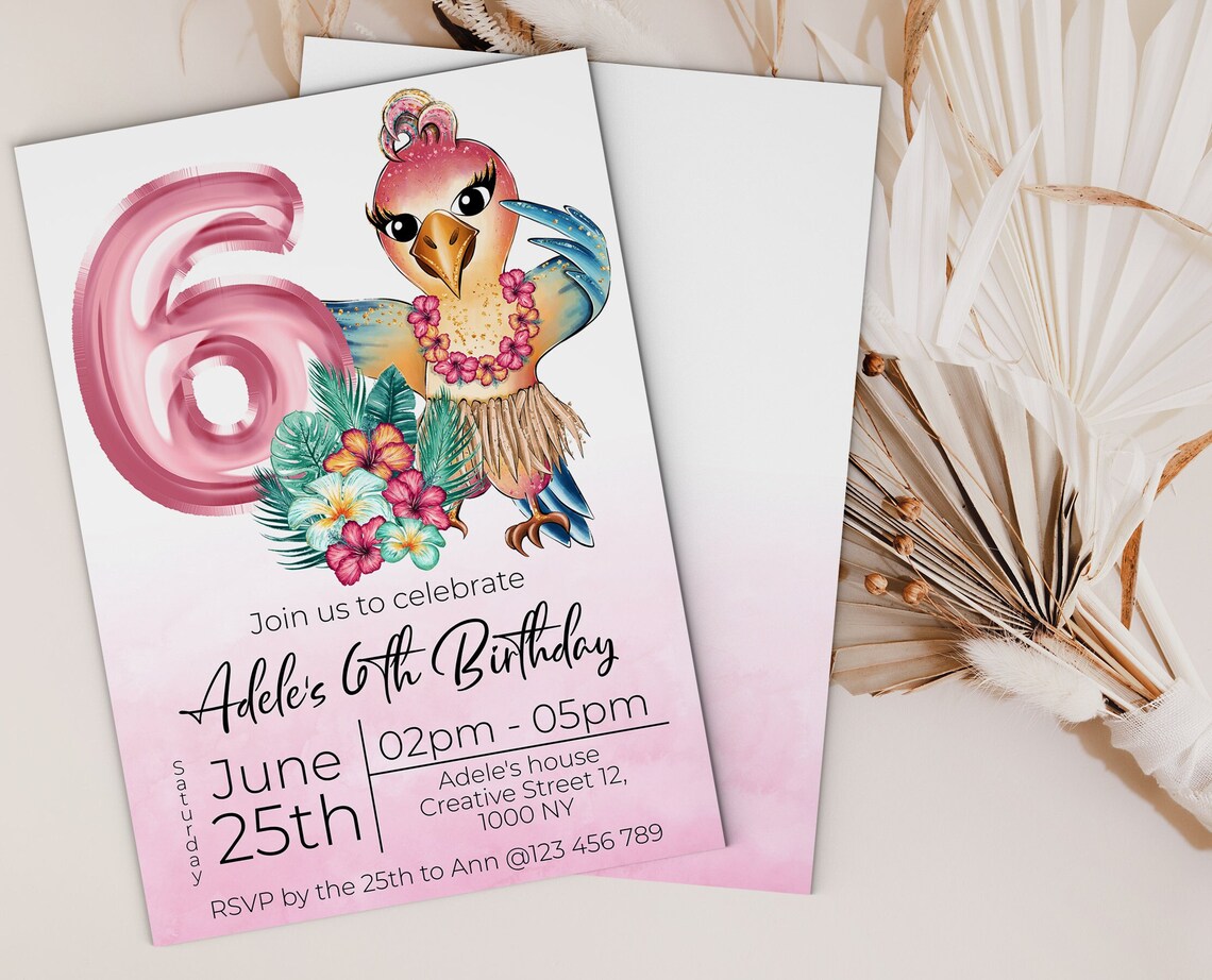 Parrot Birthday Invitation, Editable 6th Birthday Party, Animals ...