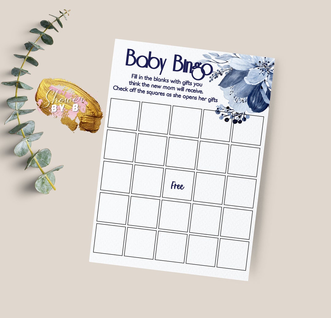 Blue Floral Baby Shower Game Bingo, Blue Floral Baby Shower Games, It's ...