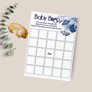 Blue Floral Baby Shower Game Bingo, Blue Floral Baby Shower Games, It's ...