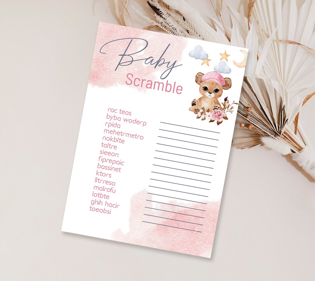 Safari Animals Baby Shower Game Word Scramble?, Pink Kids Animals Baby ...