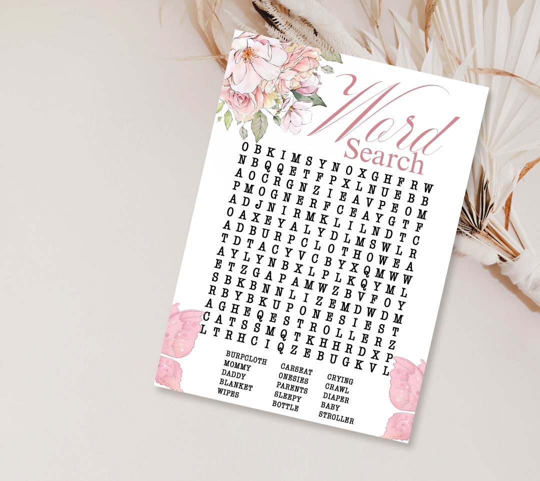 Fairy Pink Floral Baby Shower Game Word Search, Fairy Word Search ...
