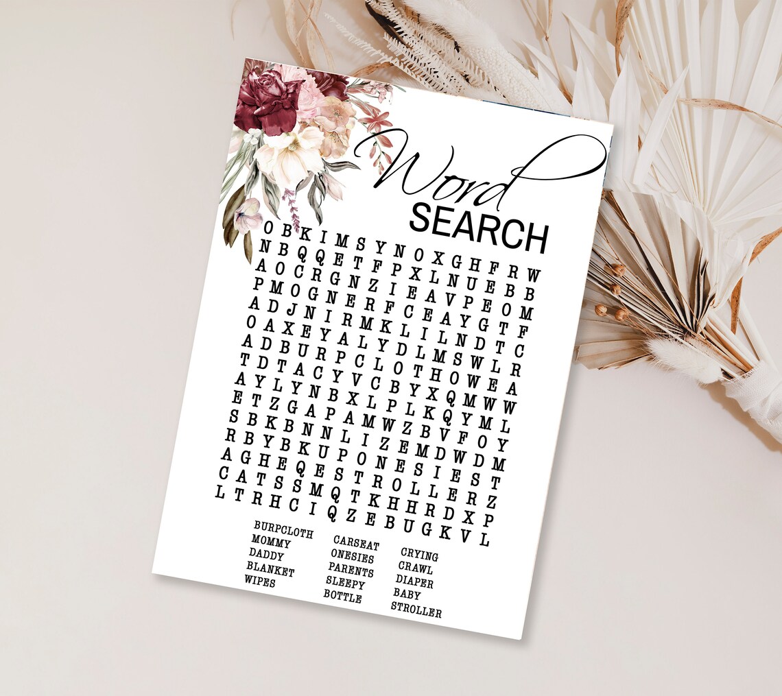 Boho Floral Baby Shower Game Word Search Printable Bohemian - Etsy