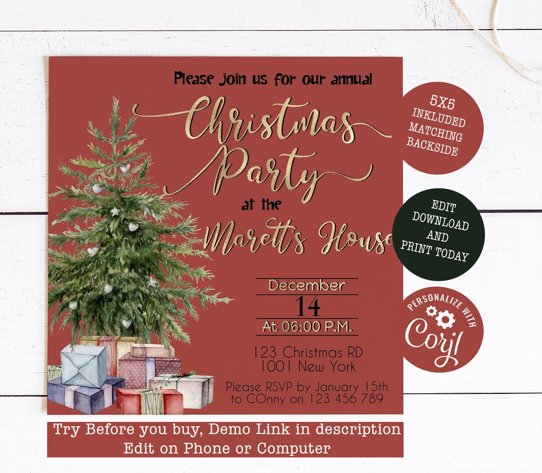 Rustic Christmas Party Invitation, Holiday Christmas Party Invitation ...