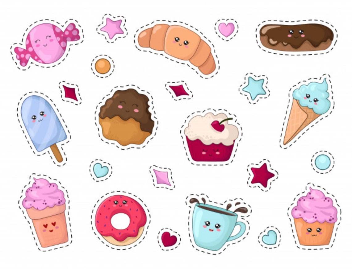 Sticker süße Essen Clipart / Kawaii Ästhetik / Cookie, Kaffee, Donuts ...