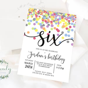 Rainbow Confetti 6th Birthday Invitation, EDIT YOURSELF Birthday Invite ...
