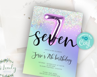 Rainbow Confetti 7th Birthday Invitation EDIT YOURSELF | Etsy