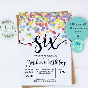 Rainbow Confetti 6th Birthday Invitation, EDIT YOURSELF Birthday Invite ...