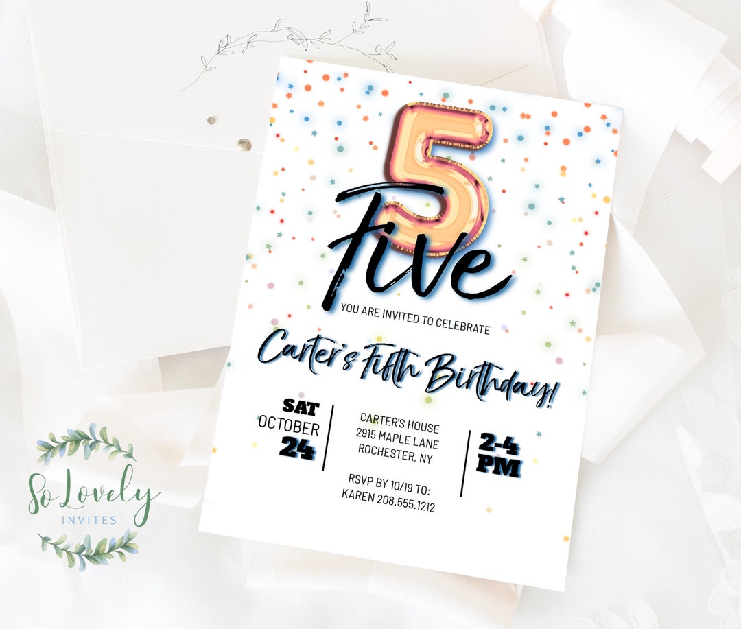 Rainbow Confetti 5th Birthday Invitation, Editable Birthday Invite for ...