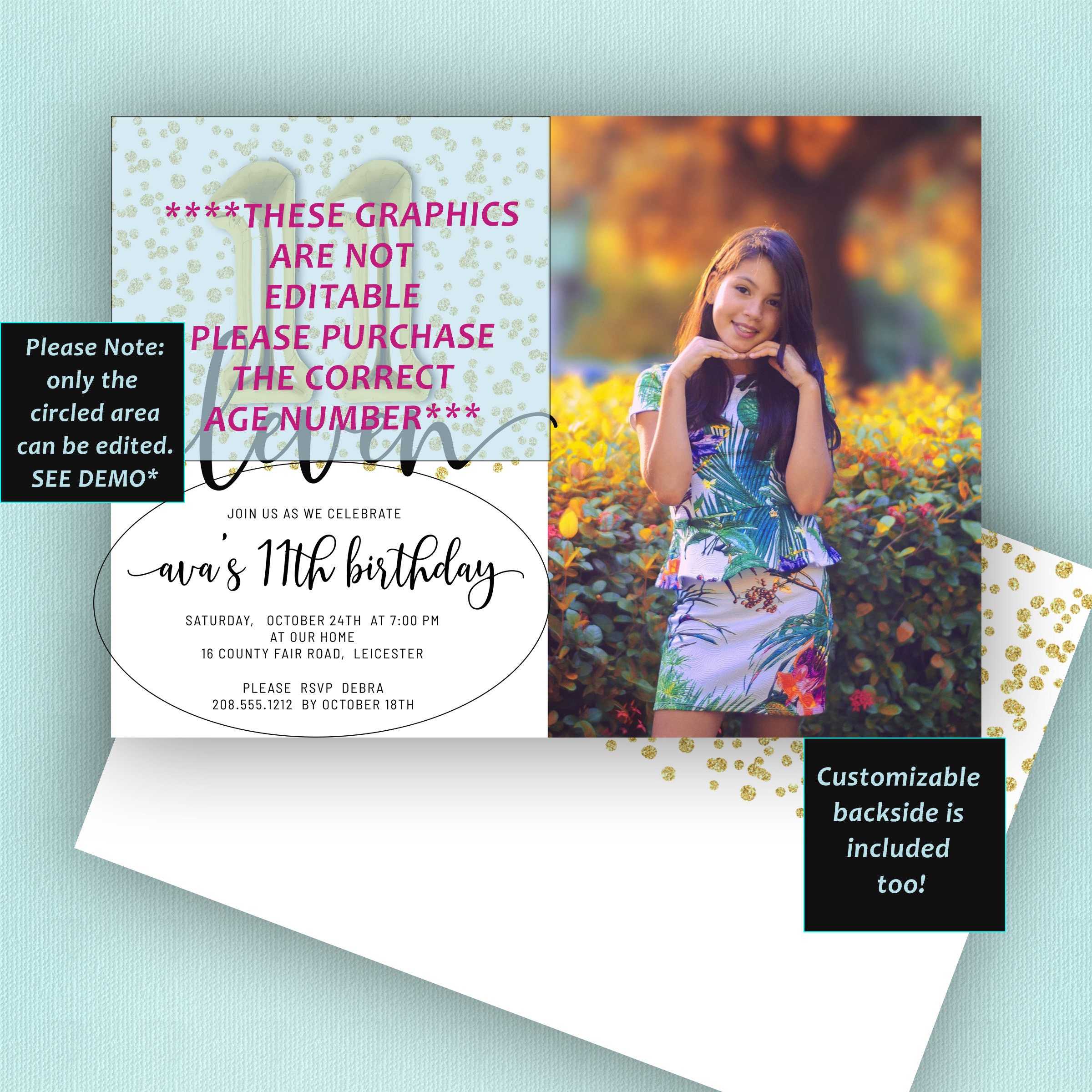Gold Glitter 11th Birthday Invitation With Photo Editable | Etsy