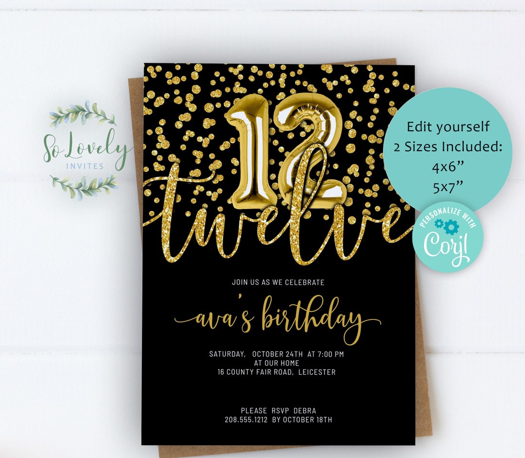 Black and Gold Glitter 12th Birthday Invitation, EDIT YOURSELF Birthday ...