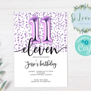 Metallic Purple Glitter 11th Birthday Invitation, Editable Birthday ...