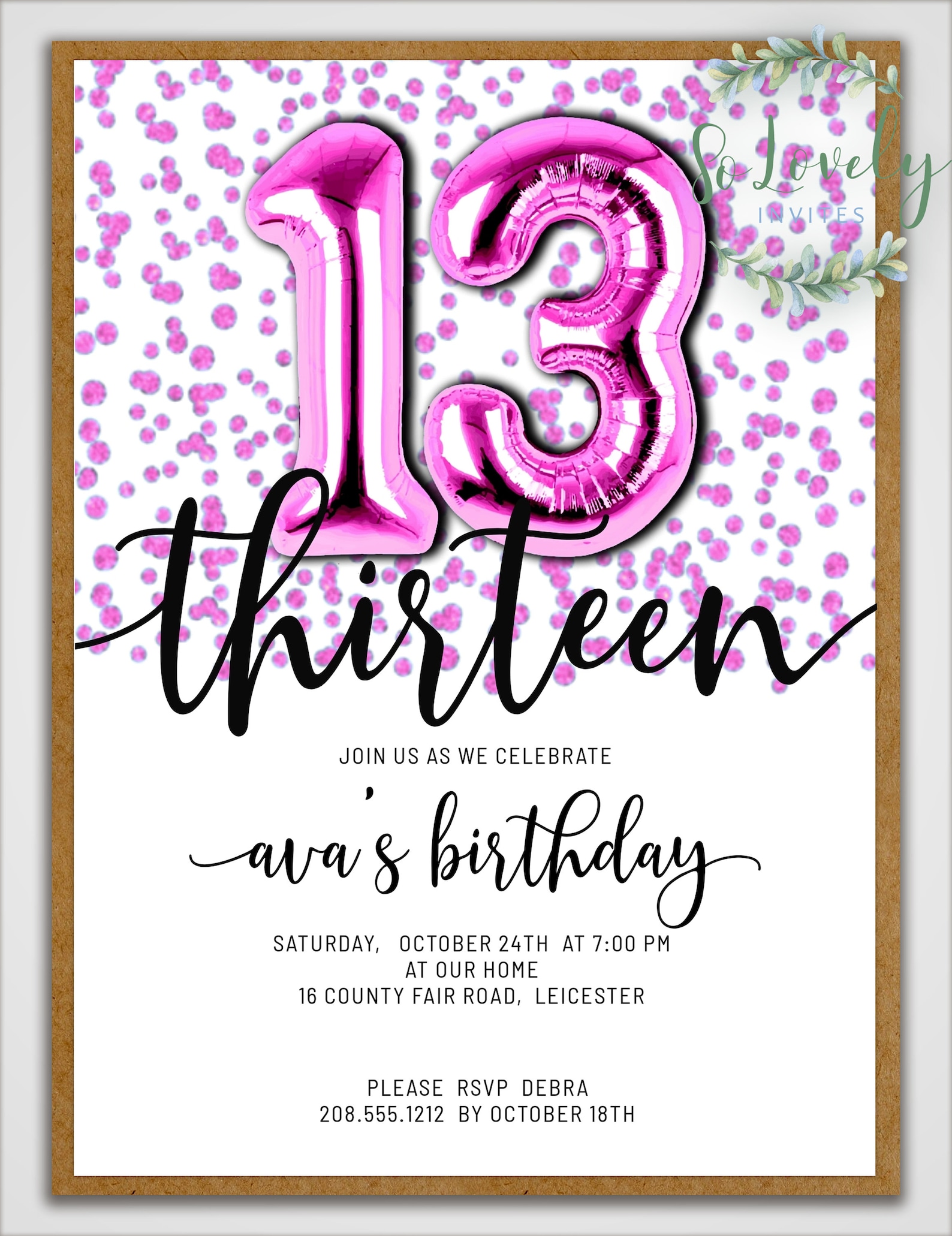 Metallic Pink Glitter 13th Birthday Invitation Editable - Etsy