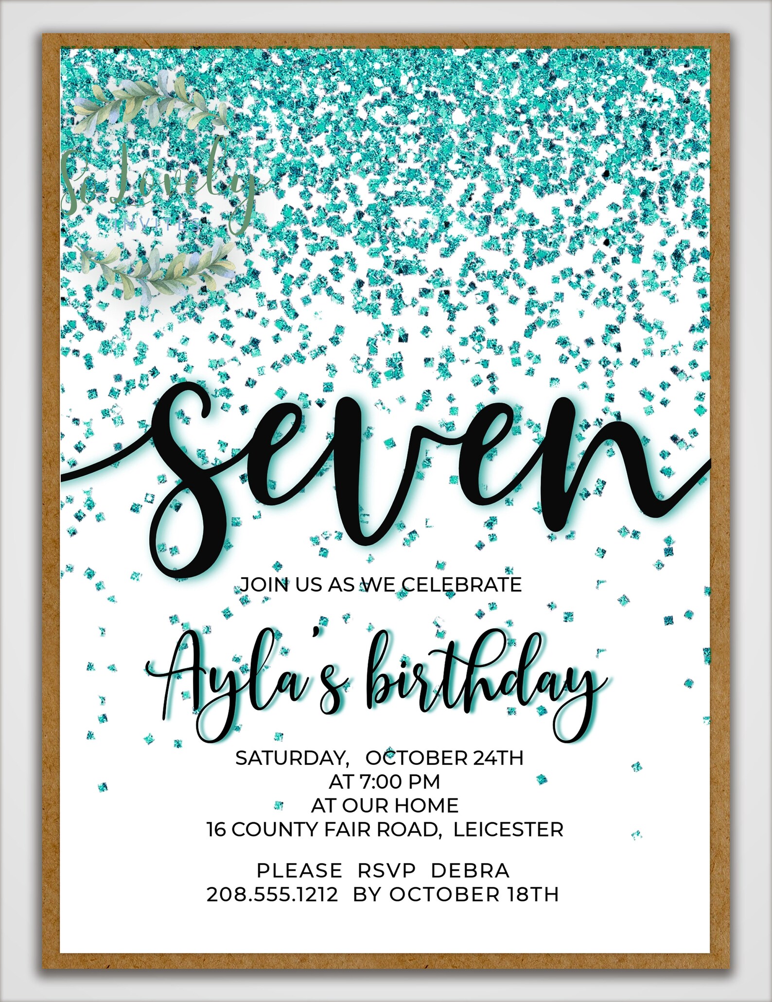 Teal Glitter 7th Birthday Invitation, EDIT YOURSELF Birthday Invite for ...
