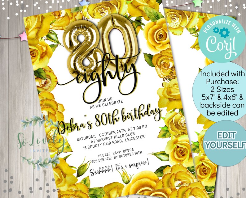 Yellow Roses 80th Birthday Invitation, Editable Birthday Invite 80th ...