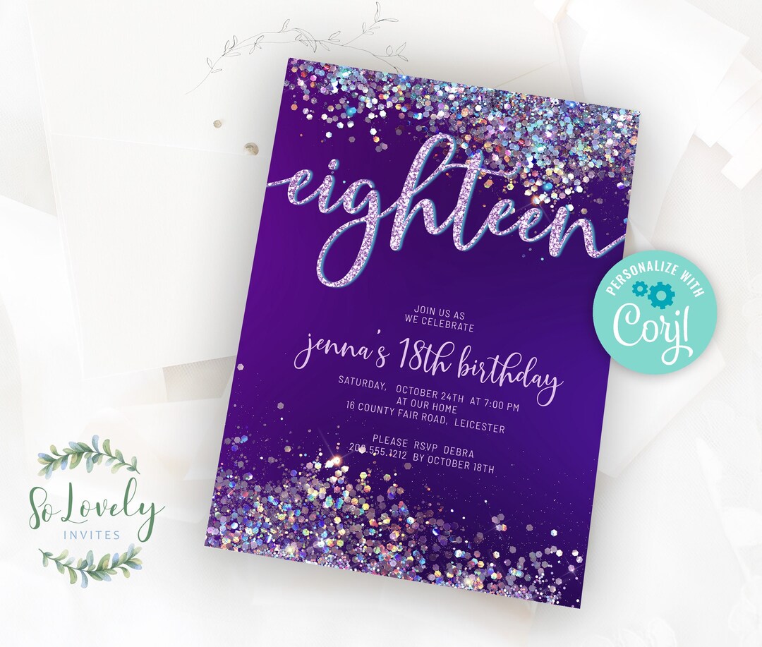 Purple and Silver Holo Glitter 18th Birthday Invitation, Editable ...