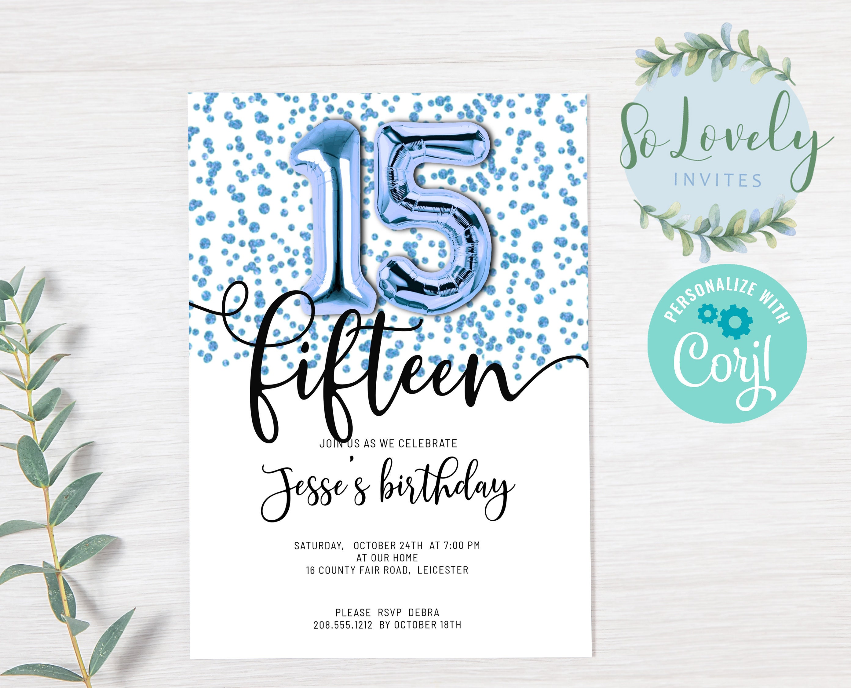 Metallic Blue Glitter 15th Birthday Invitation, Boy Invite- Editable ...