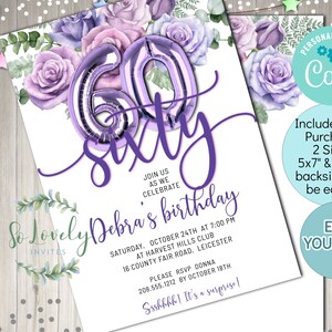 Purple Roses 60th Birthday Invitation, Editable Birthday Invite for ...