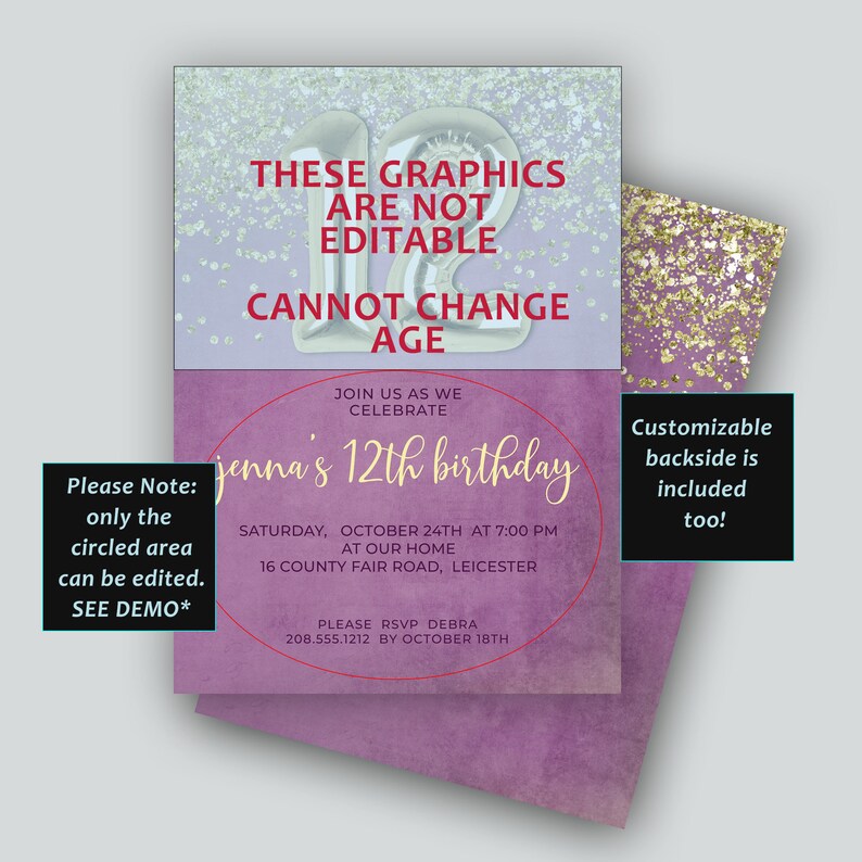Orchid and Gold Glitter 12th Birthday Invitation, EDIT YOURSELF ...