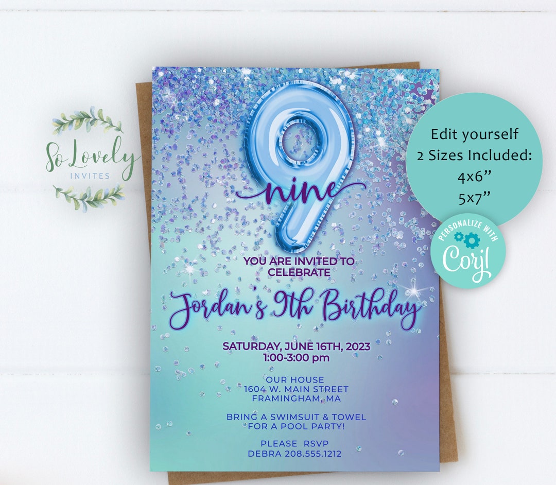 Sky Blue Glitter 9th Birthday Invitation, Editable Birthday Invite for ...