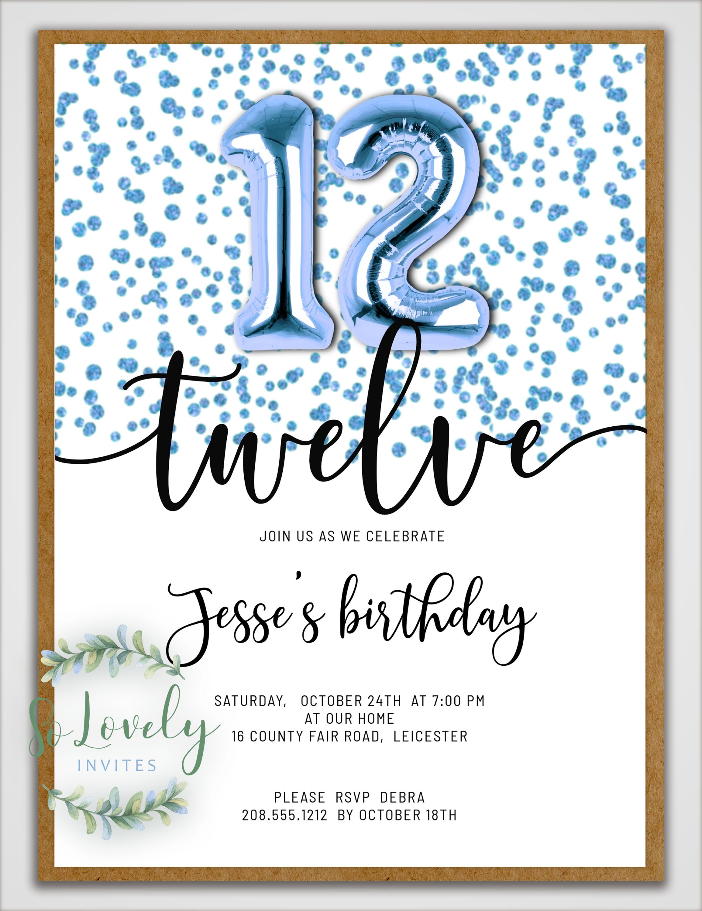 Metallic Blue Glitter 12th Birthday Invitation Editable | Etsy UK