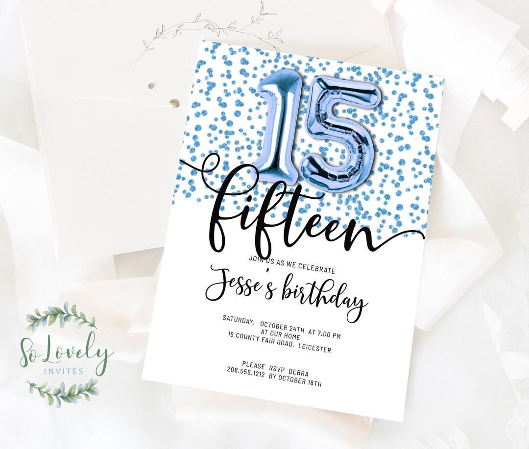 Metallic Blue Glitter 15th Birthday Invitation, Boy Invite- Editable ...